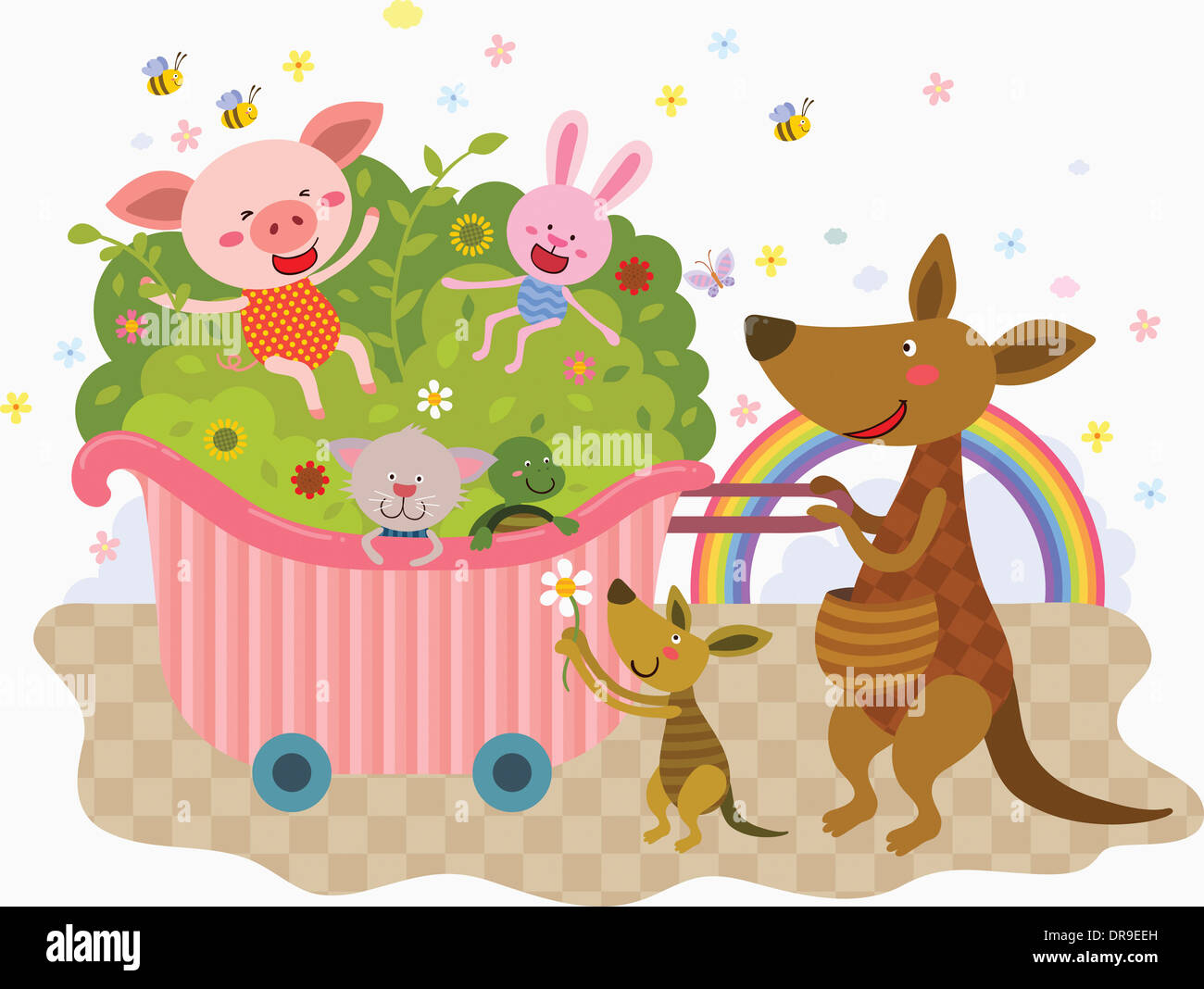illustration of animals with bush basket cart Stock Photo - Alamy
