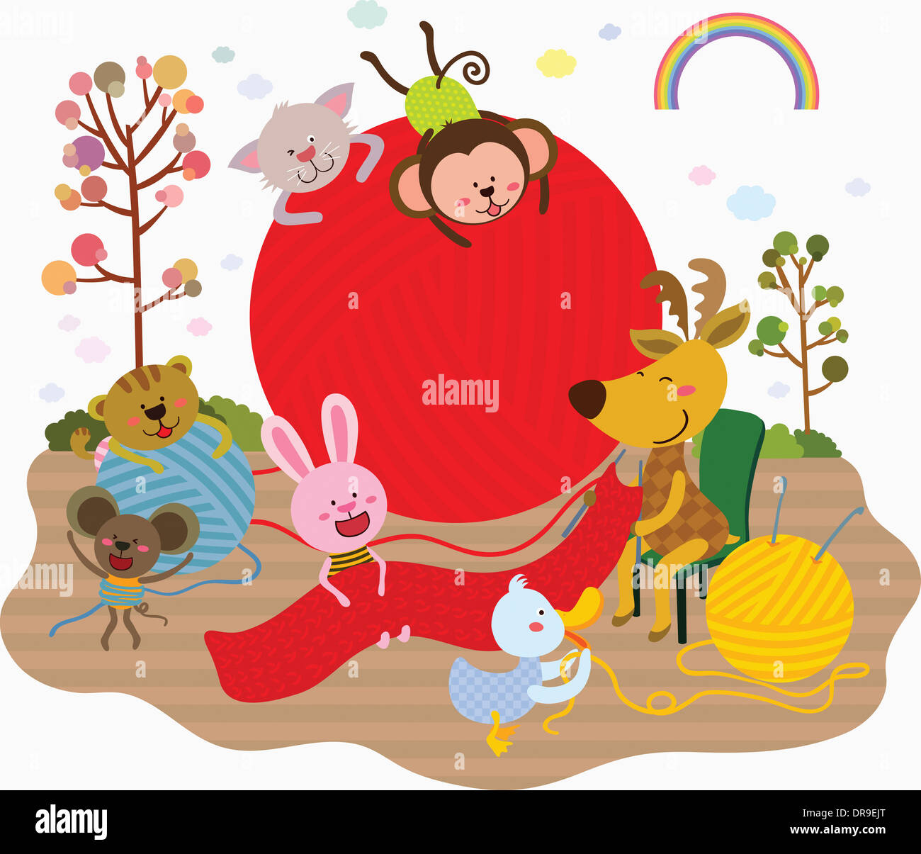 illustration of animals playing with knitting string Stock Photo - Alamy