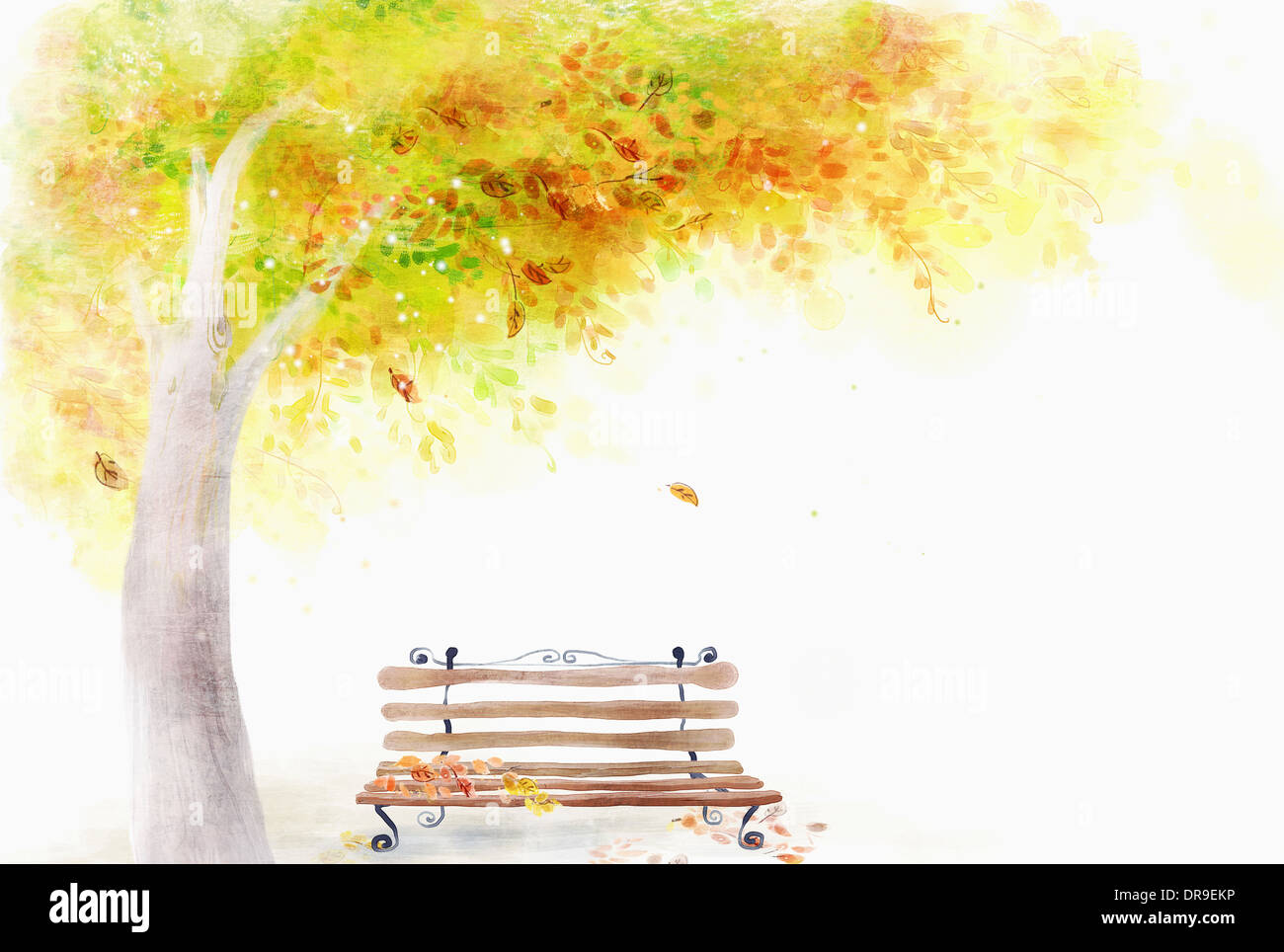 illustration of a bench under a tree Stock Photo - Alamy