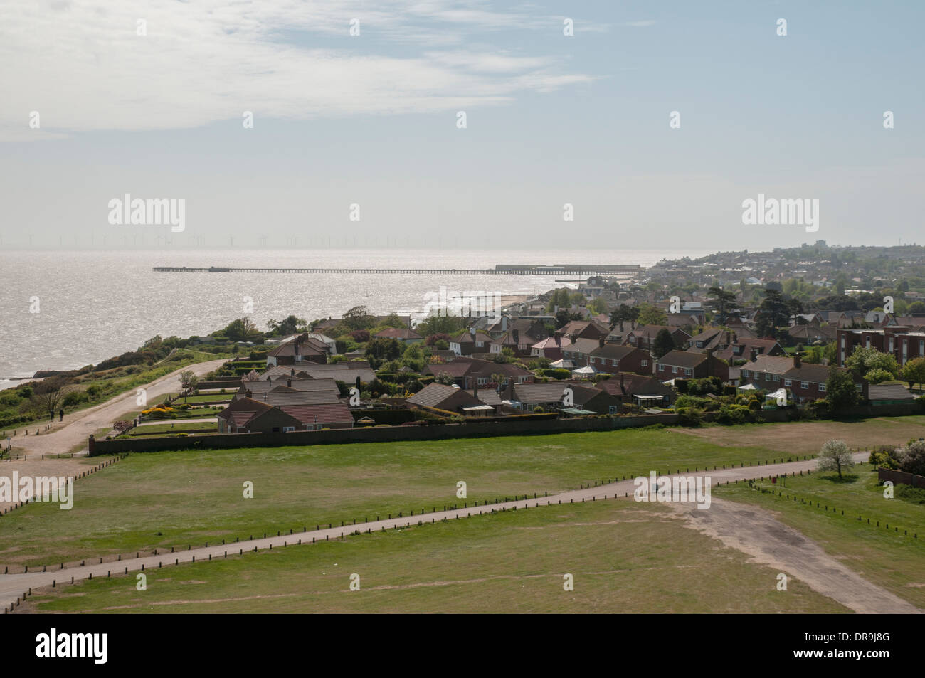 Aerial view of the seaside resort of Walton-on-the-Naze, Essex, looking ...