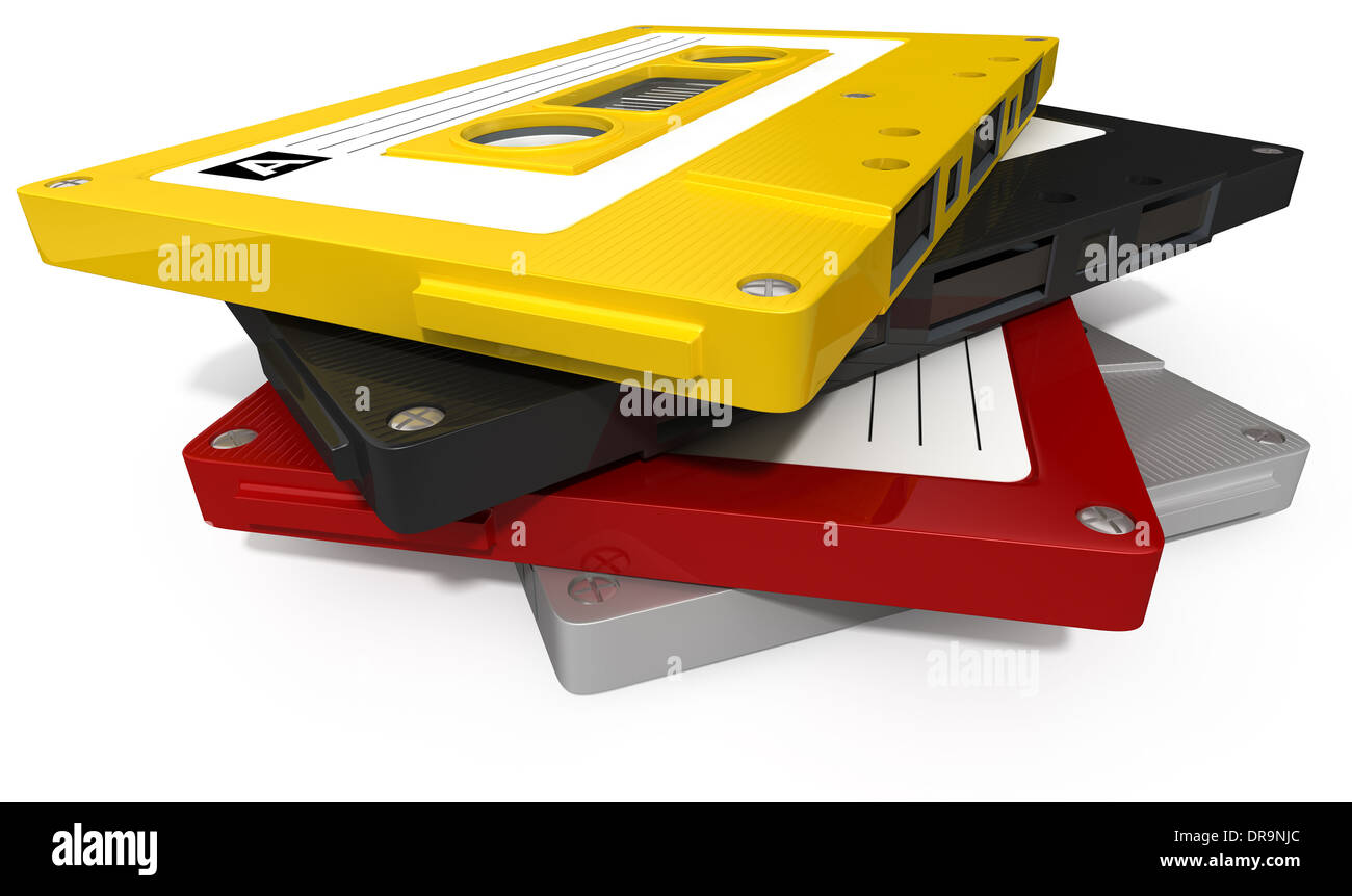 A close up view of a stack of four vintage audio cassette tapes with a ...