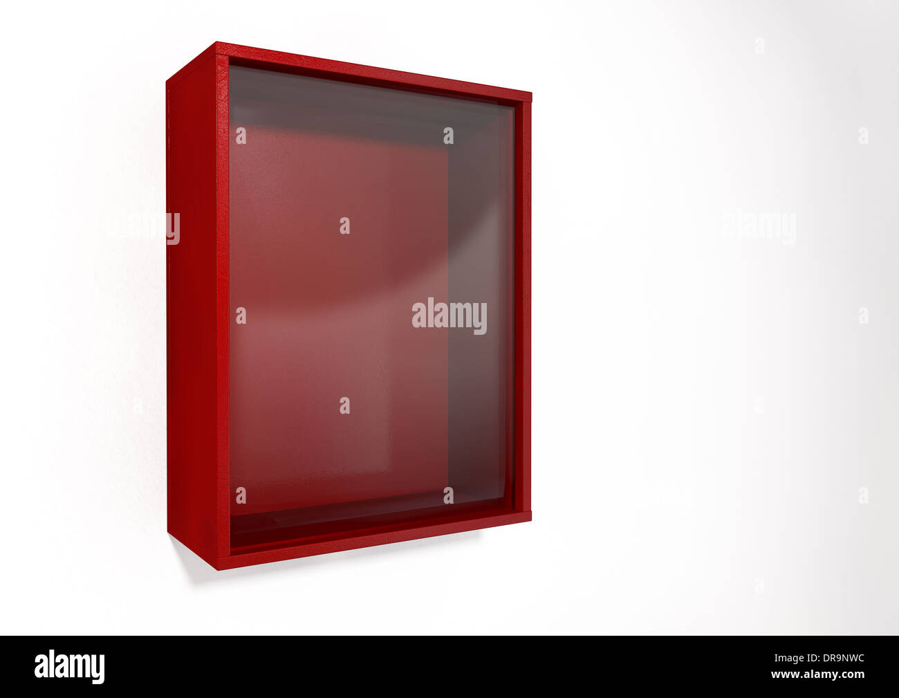 An empty red emergency box with an in case of emergency breakable glass ...