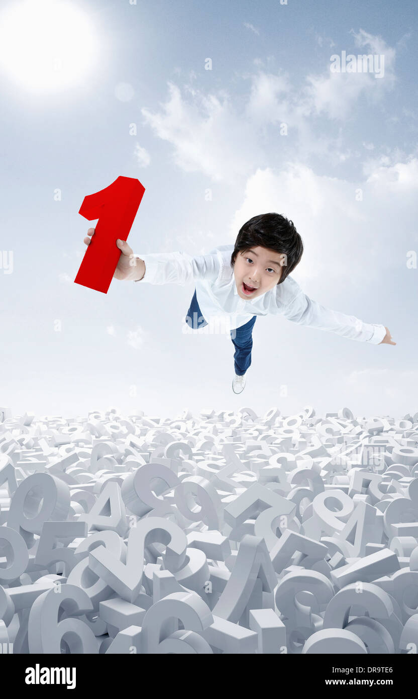 a kid flying in the air with red number one icon Stock Photo - Alamy