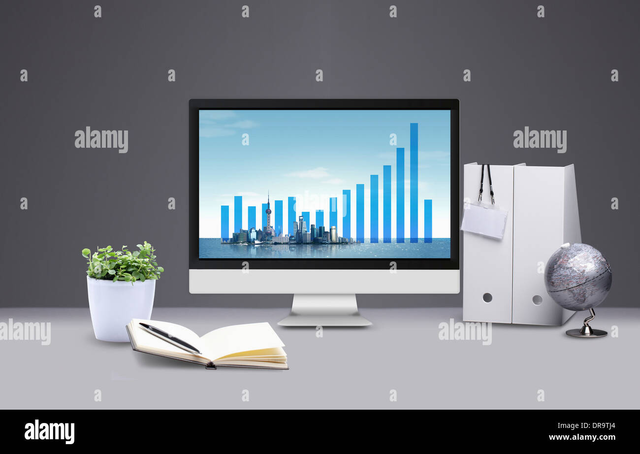 ppt template featuring computer on a desk Stock Photo - Alamy