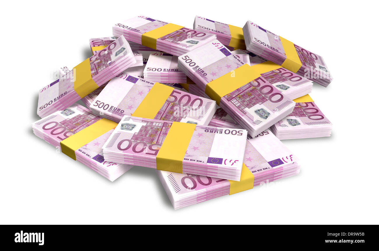 A pile of randomly scattered wads of european euro banknotes on an ...