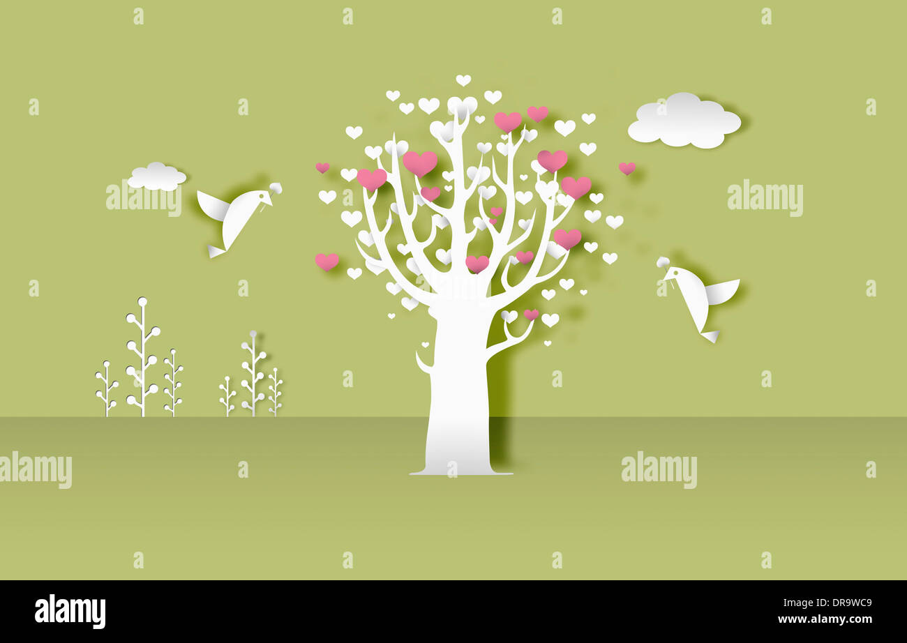 illustrated tree and birds Stock Photo - Alamy