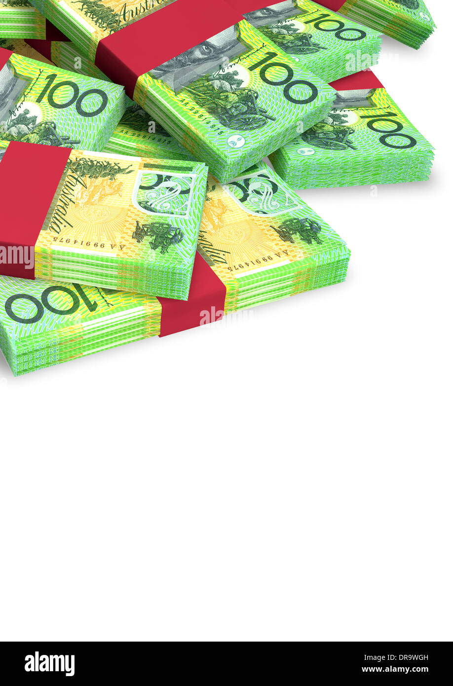 A pile of randomly scattered wads of australian dollar banknotes on an ...