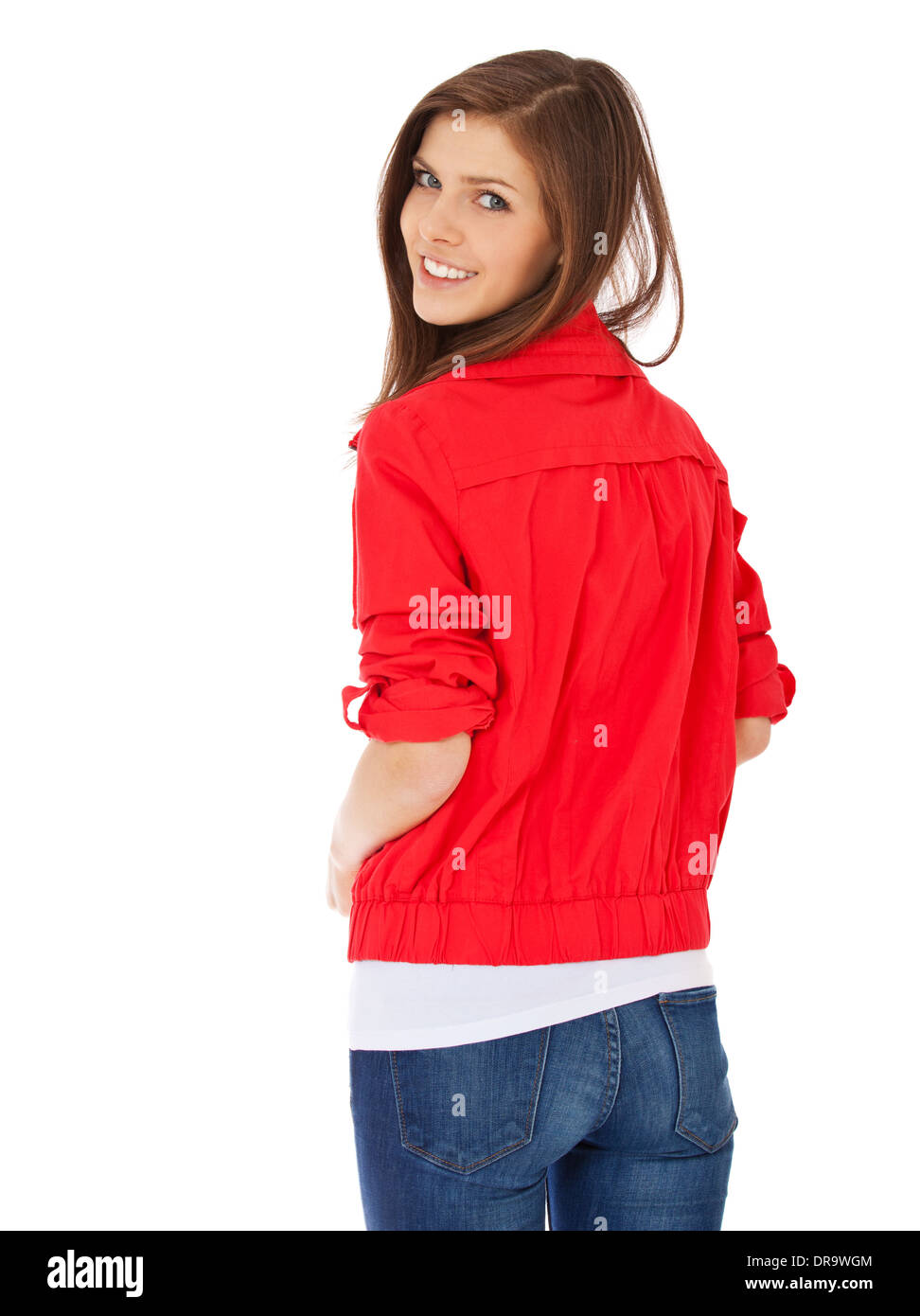 Rear view of an attractive teenage girl. All on white background Stock ...