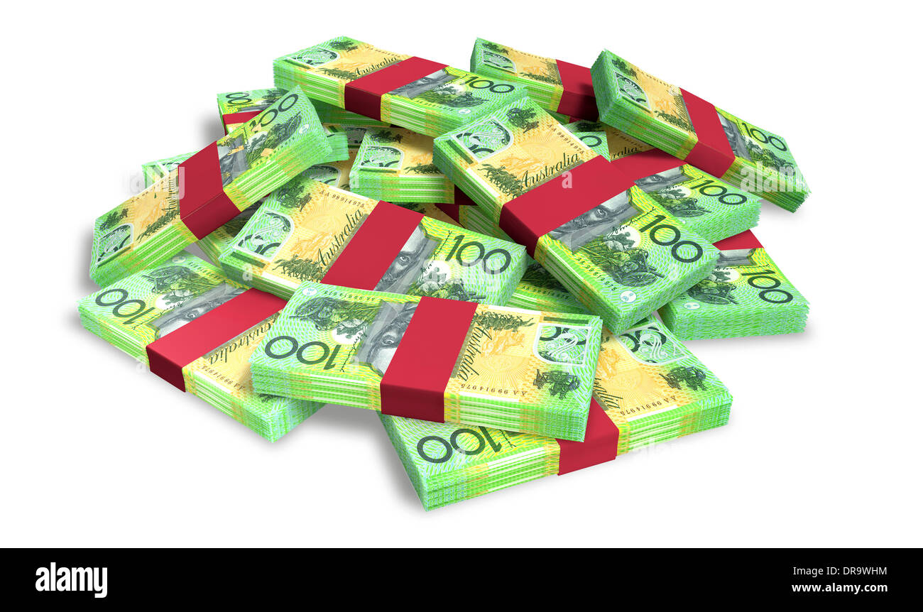 A pile of randomly scattered wads of australian dollar banknotes on an ...