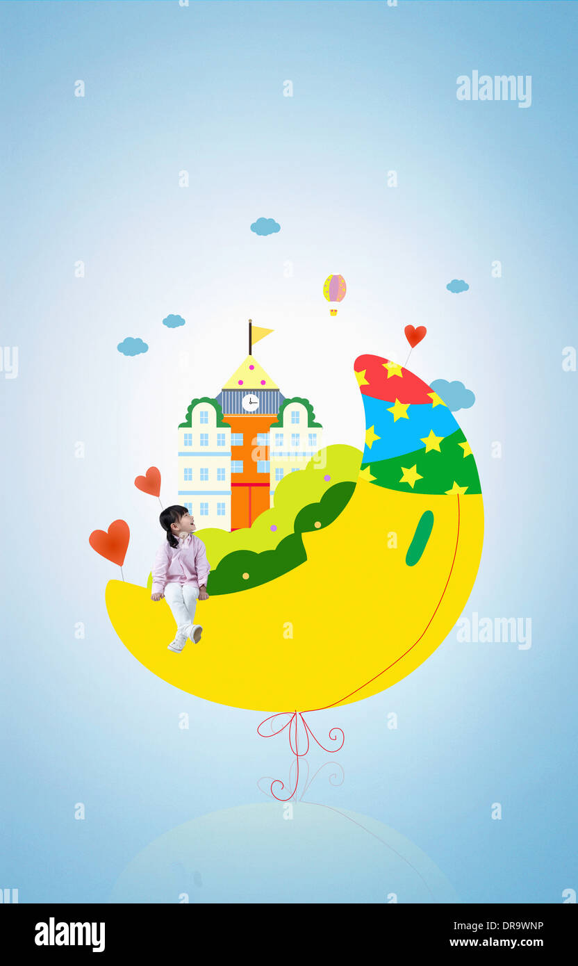 a kid sitting on illustrated moon Stock Photo - Alamy