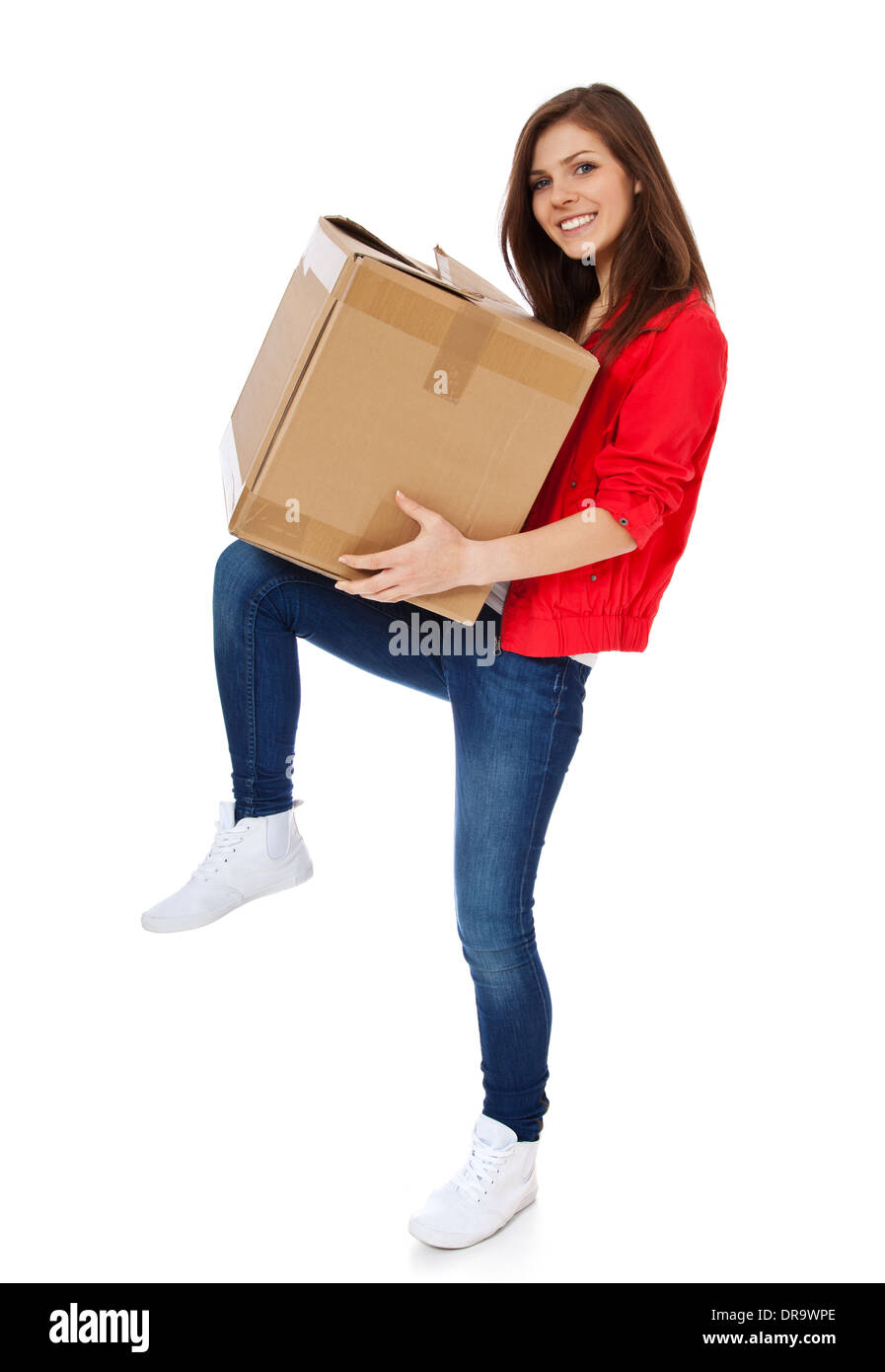 Attractive teenage girl with moving box. All on white background Stock ...