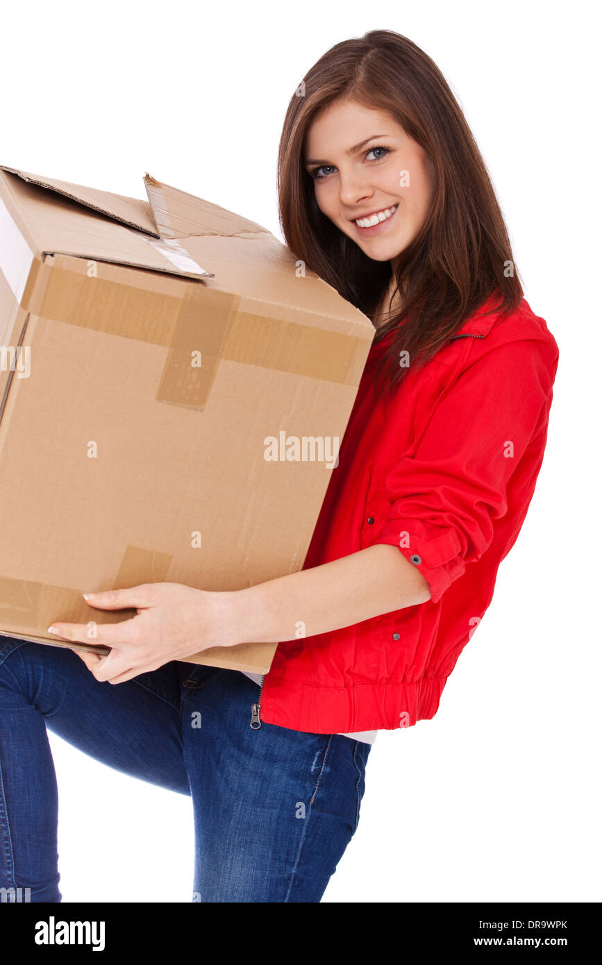 Attractive teenage girl with moving box. All on white background Stock ...