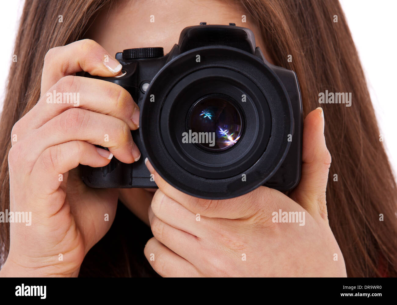 Teenage girl using camera. All on white background Stock Photo - Alamy