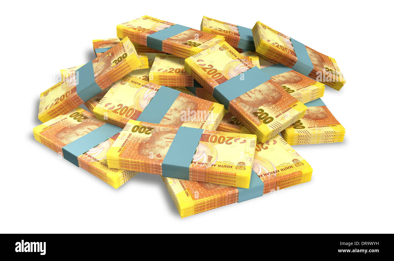 A pile of randomly scattered wads of south african rand banknotes on an ...