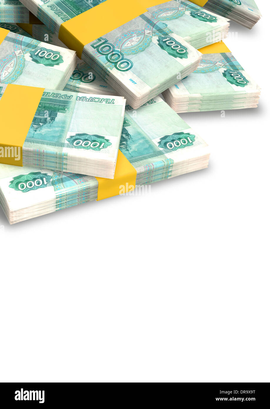 A pile of randomly scattered wads of russian ruble banknotes on an ...
