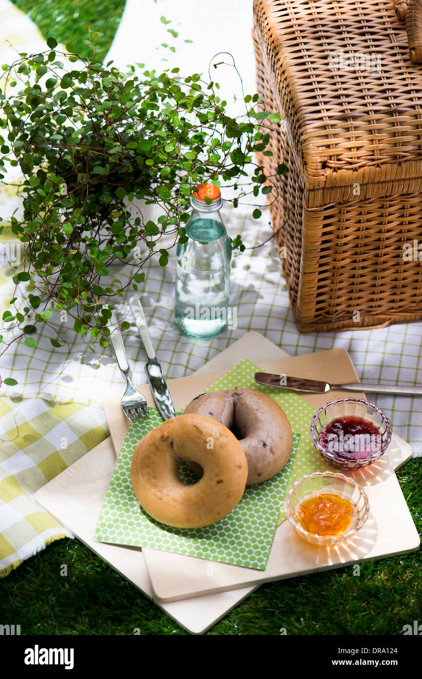 a picnic set spread out on a sheet Stock Photo - Alamy