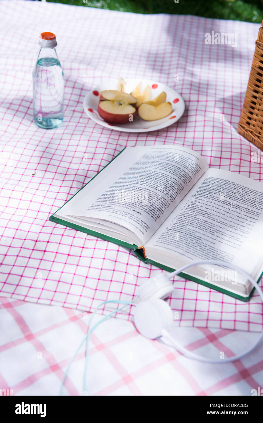 a book next to a picnic set Stock Photo - Alamy