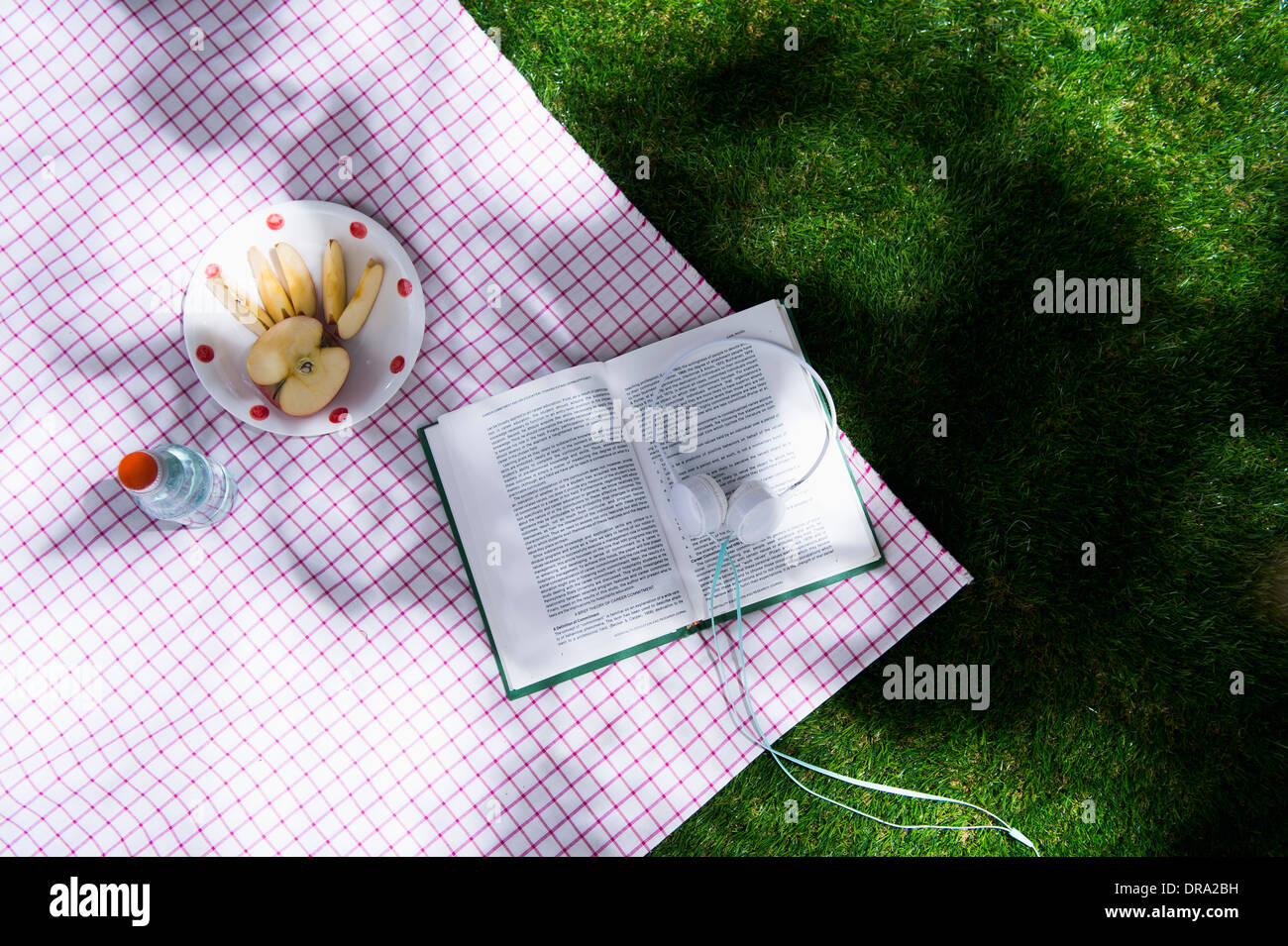 a book next to a picnic set Stock Photo - Alamy
