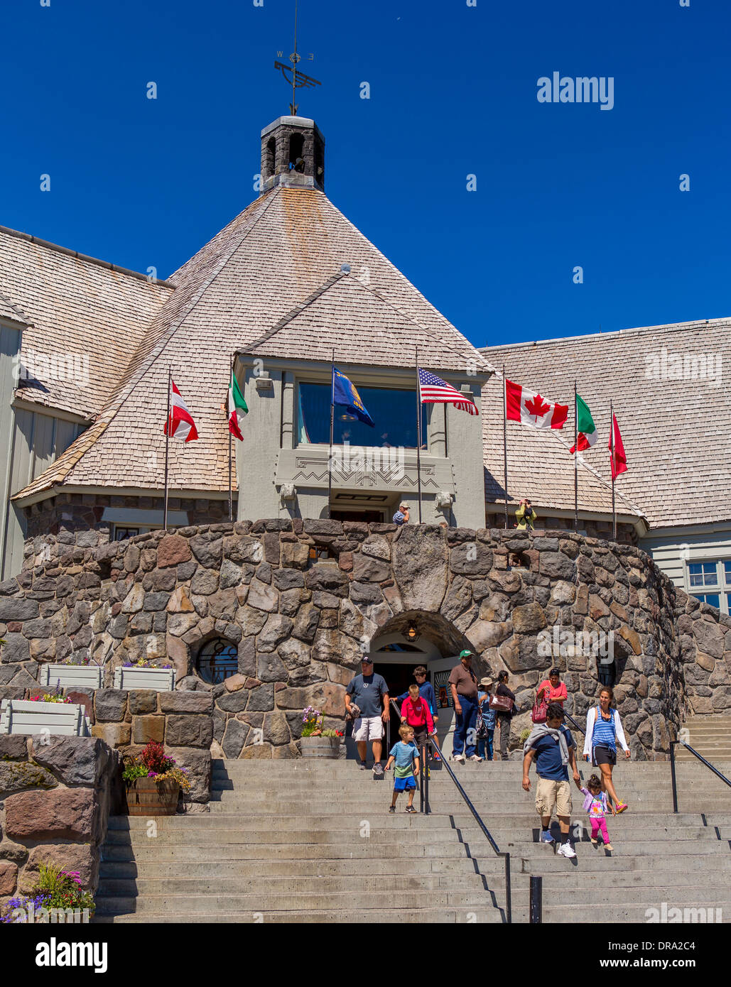 TIMBERLINE LODGE, OREGON, USA - Visitors at entrance to Timberline ...