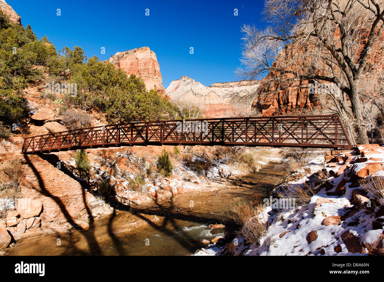 Footbridge over the Virgin River in Zion National Park at the start of ...