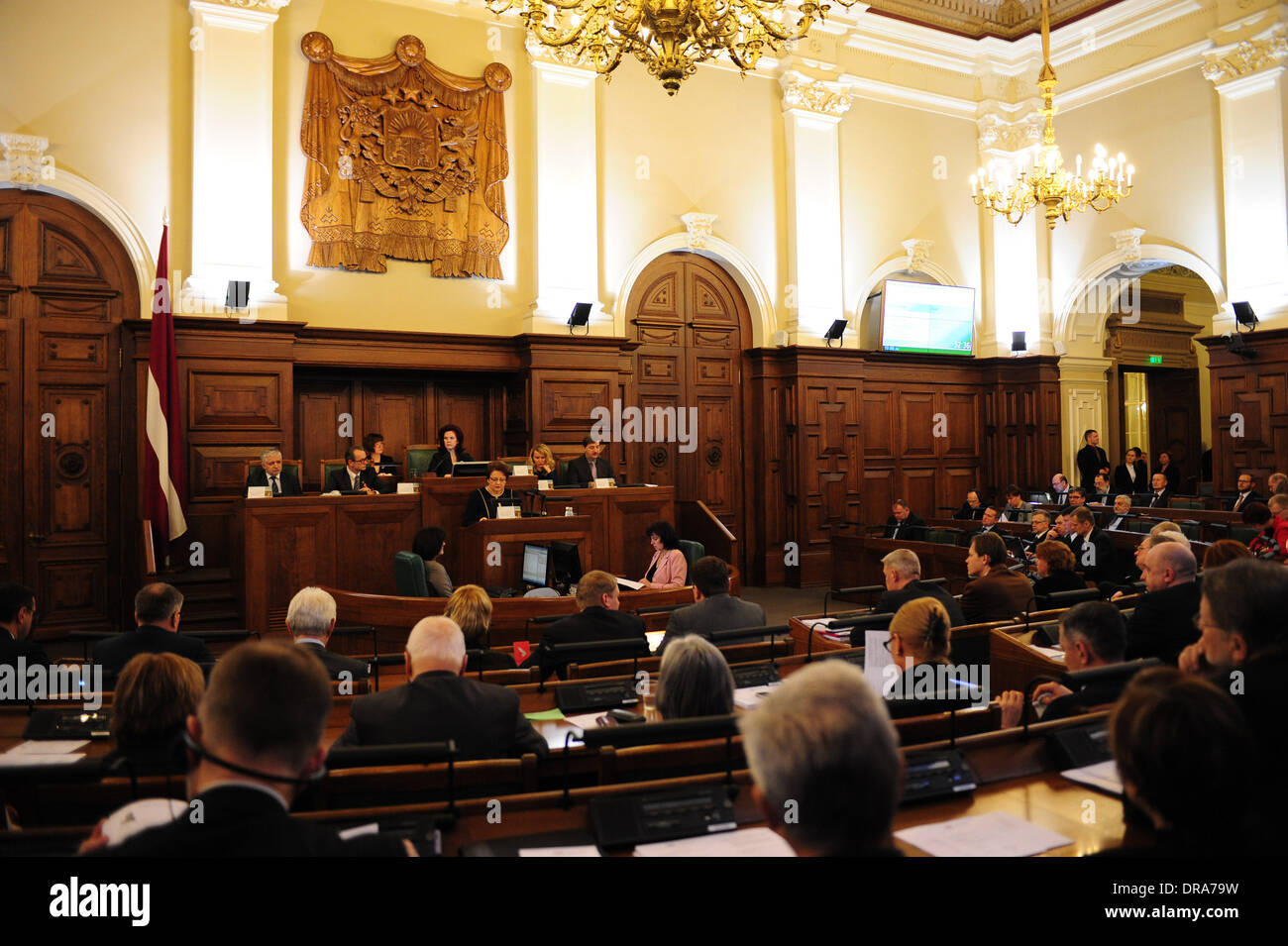 Riga, Latvia. 22nd Jan, 2014. Latvian new Prime Minister Laimdota Straujuma delivers a speech at ...