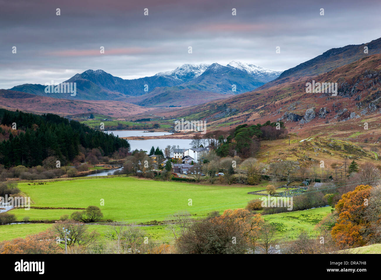 View above Capel Curig with Mount Snowdon in the background, Snowdonia ...