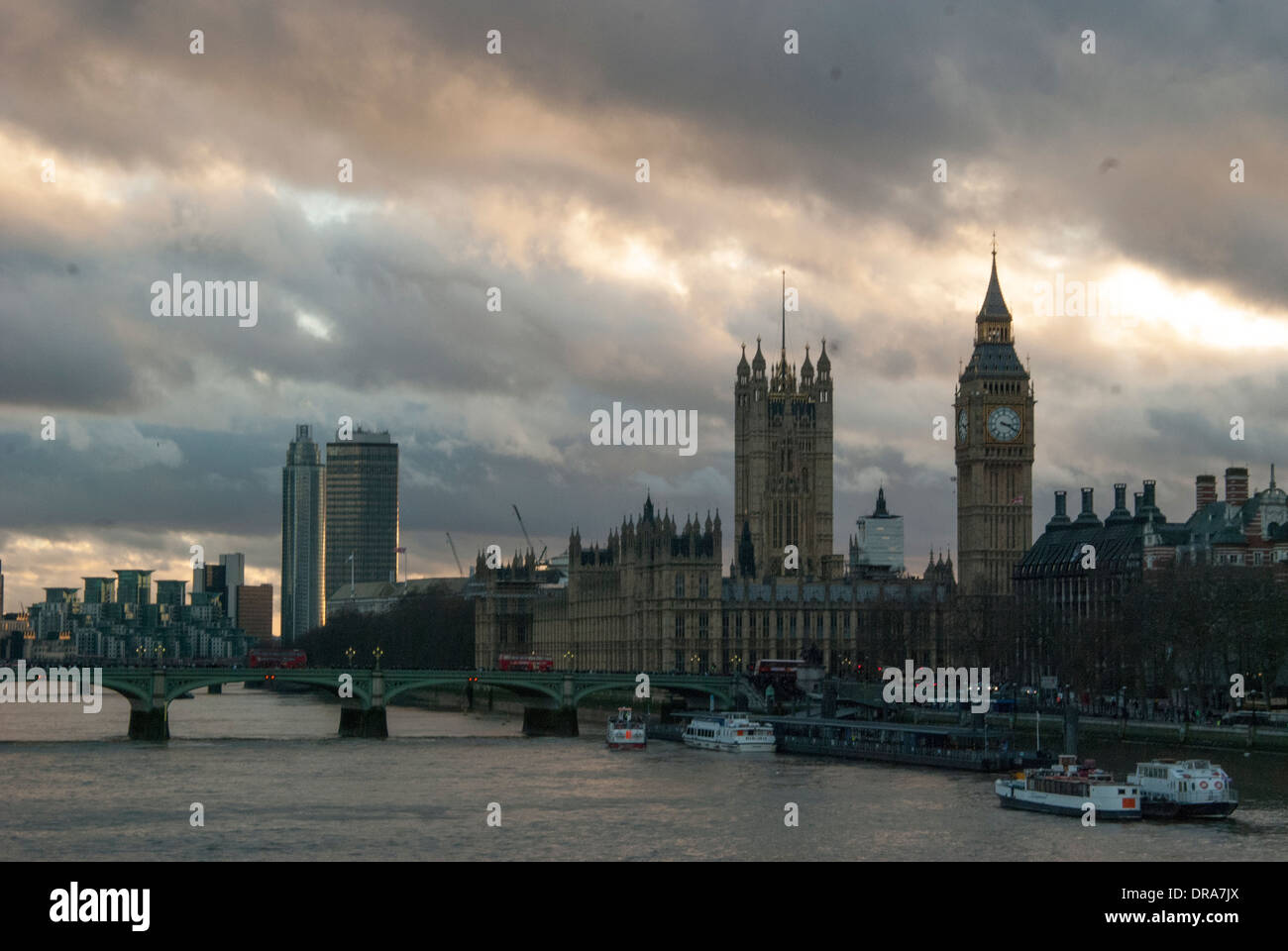 Typical London sky line overlooking big ben and the houses of ...