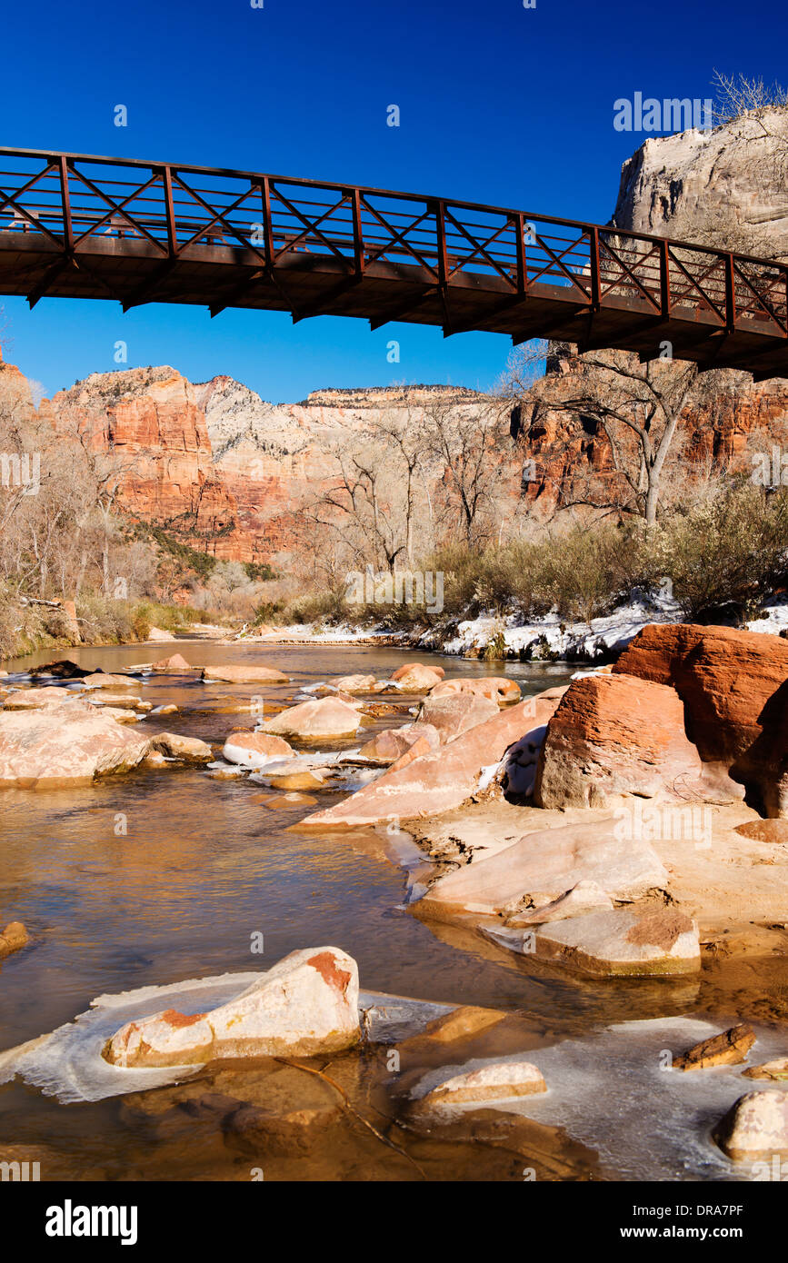 Footbridge over the Virgin River in Zion National Park at the start of ...