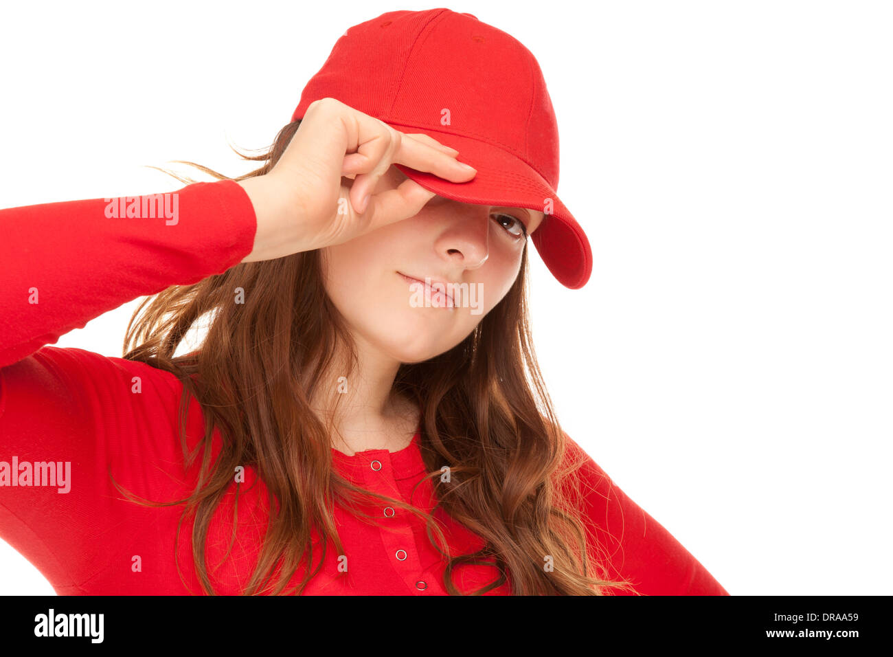 Portrait of woman in red cap isolated on white Stock Photo - Alamy