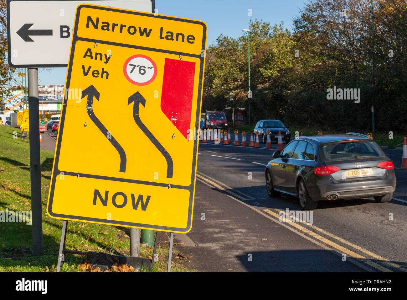 Narrow lane sign at road works in Nottingham, England, UK Stock Photo ...