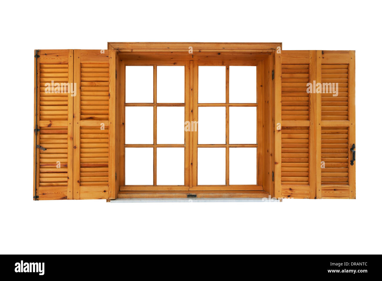 Wooden window with shutters opened exterior side isolated on white ...