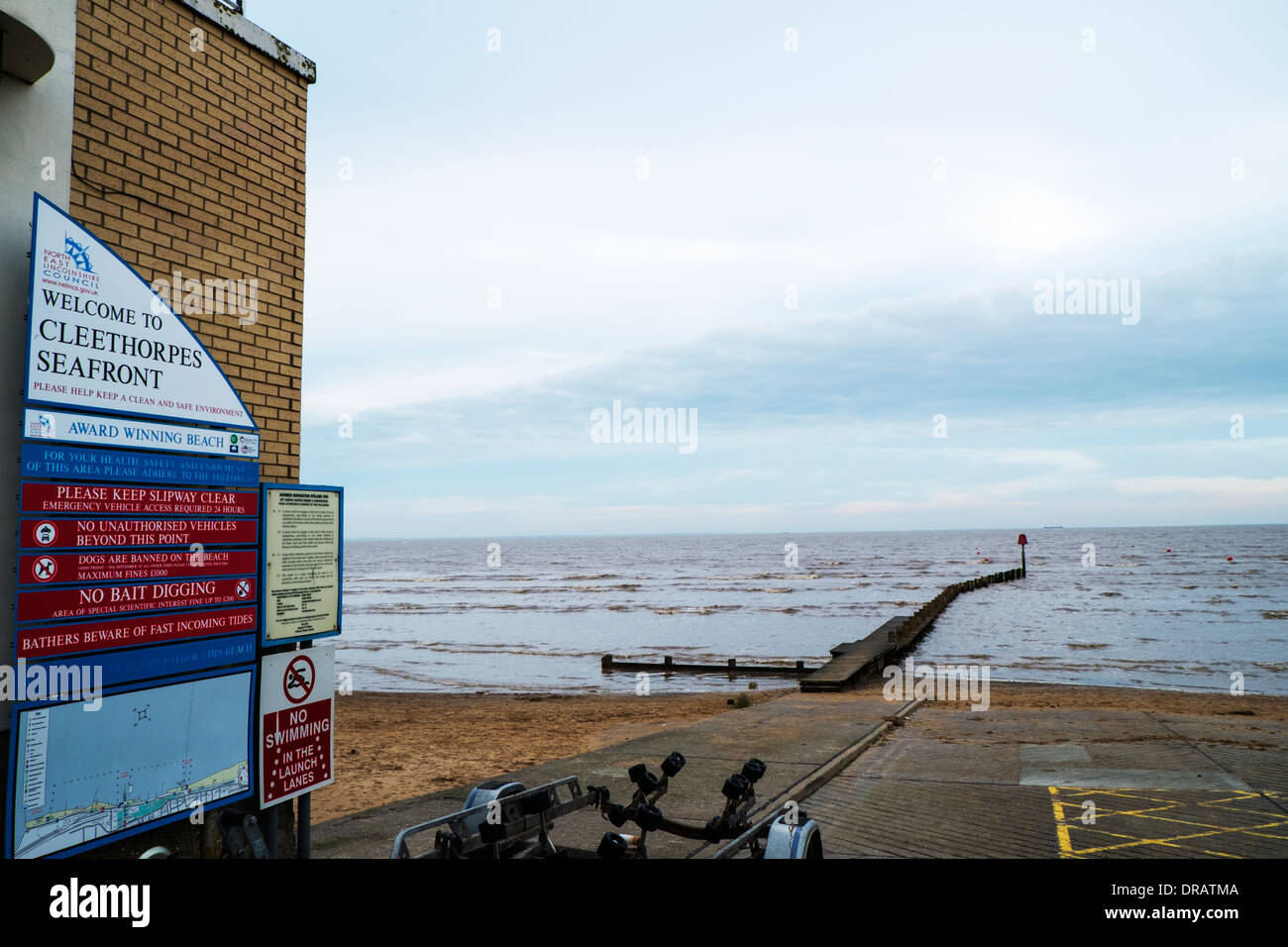 Cleethorpes seafront sign & slipway to sea boat launch, Lincolnshire ...