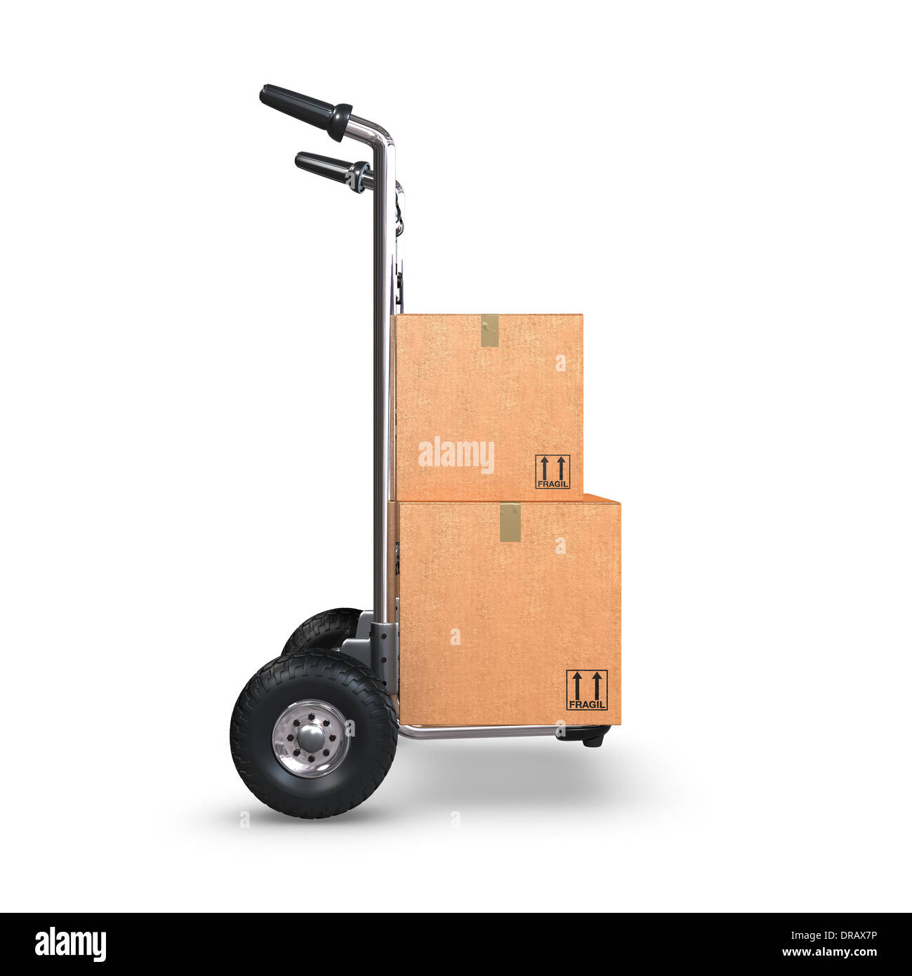 A Hand-Truck with two cardboard boxes on white background standing ...