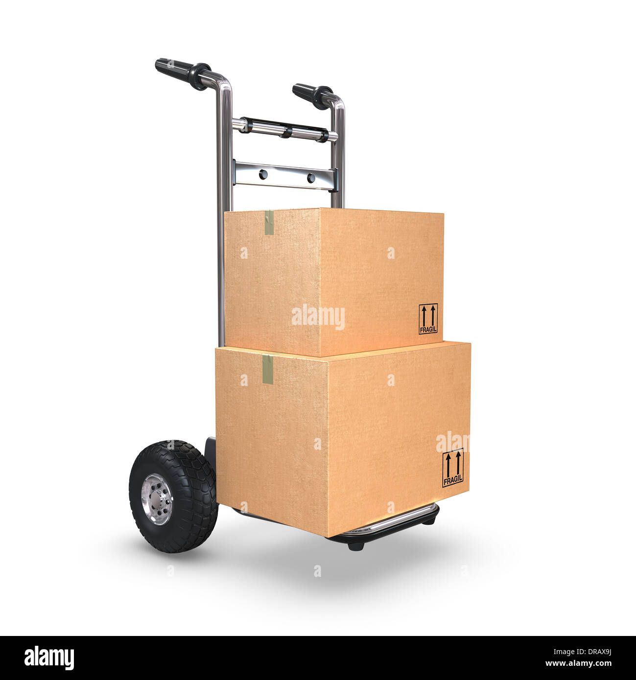A Hand-Truck with two cardboard boxes on white background standing ...