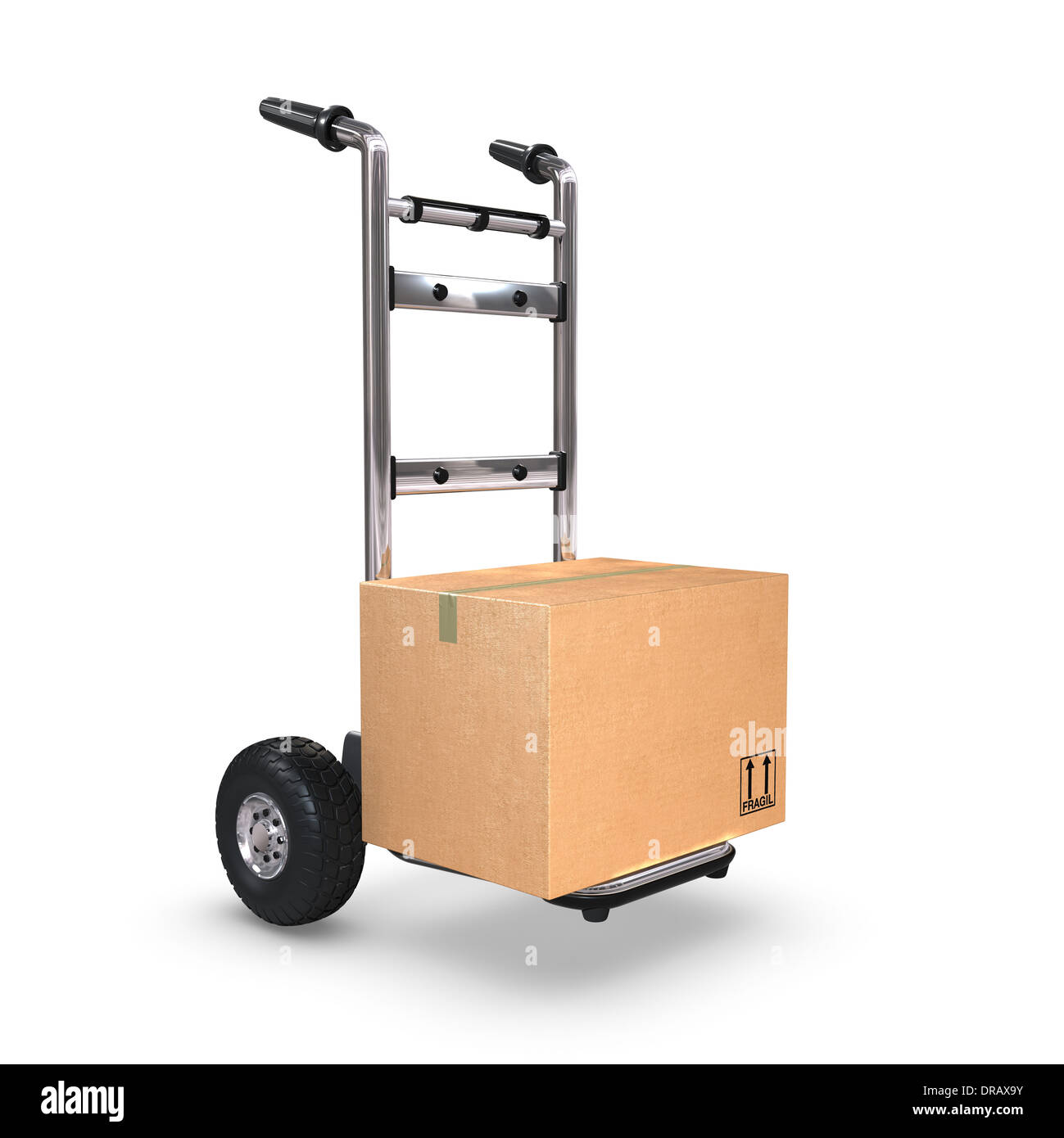 A Hand-Truck with a cardboard box on white background standing upright ...