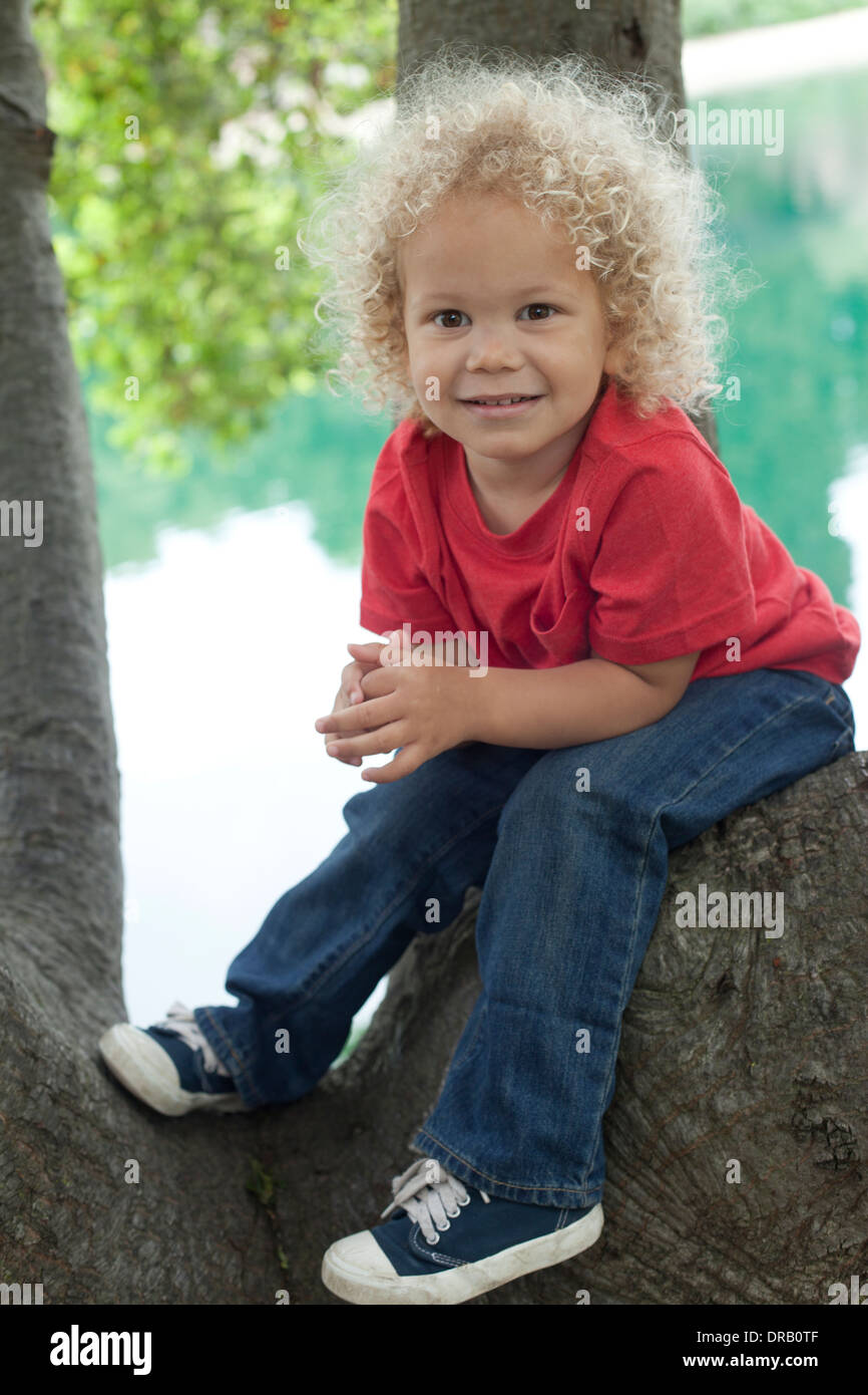 Portrait of happy little boy sitting on tree Stock Photo - Alamy