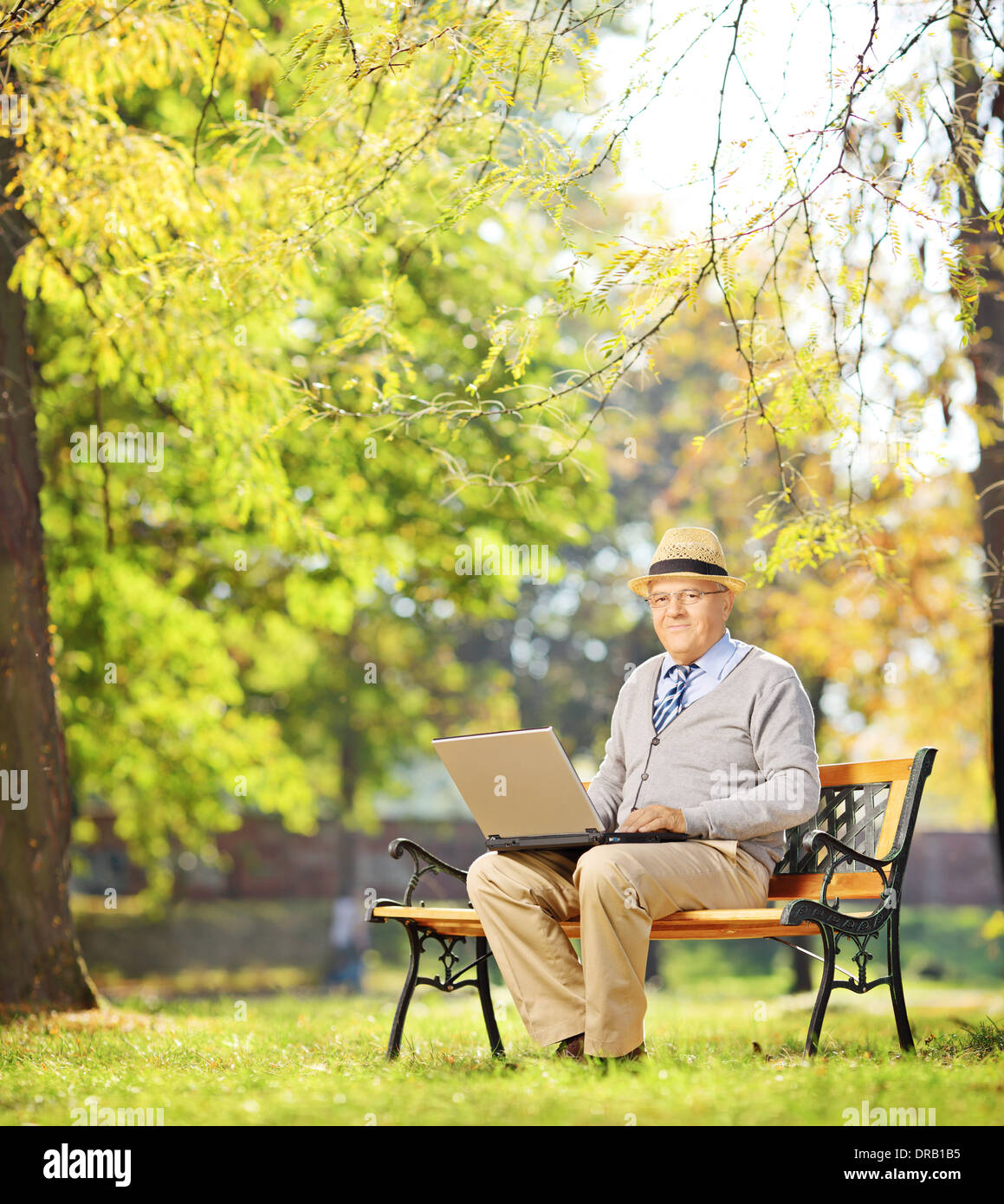 Senior gentleman working on laptop seated on bench in park looking at ...
