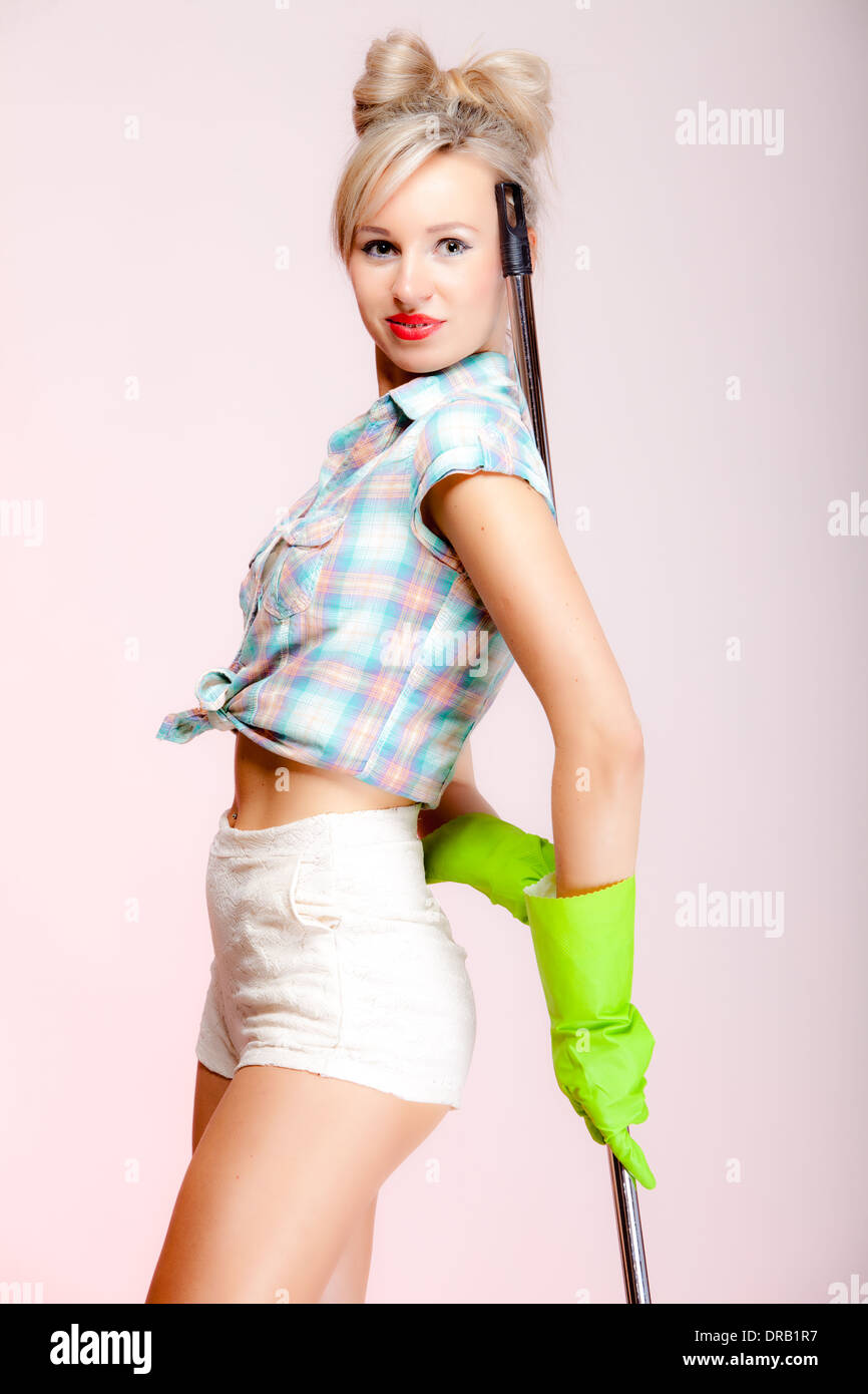 Cheerful Pin Up Girl Retro Style Portrait Pinup Woman Housewife Cleaner