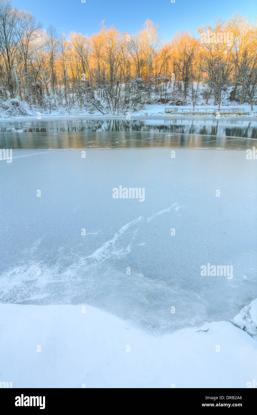 Patapsco State Park in Winter, with one of the lake's part frozen and ...