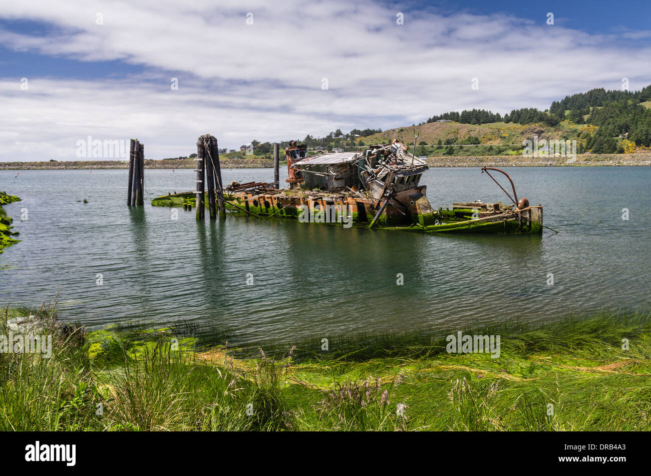 Wreck of the Mary D. Hume sunk in the water at the mouth of the Rogue ...