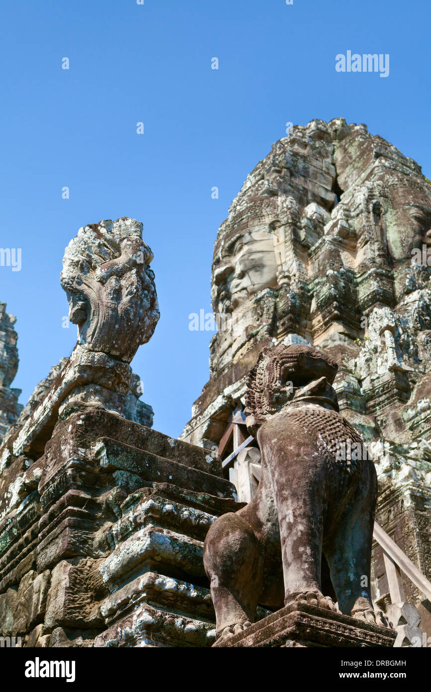 Guardian lion, naga head and the face of Avalokiteshvara in the ...