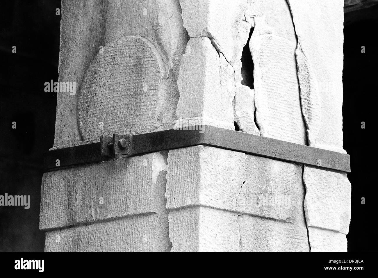Steel bracket supporting broken pillar, Aihole, Karnataka, India, 1985 ...