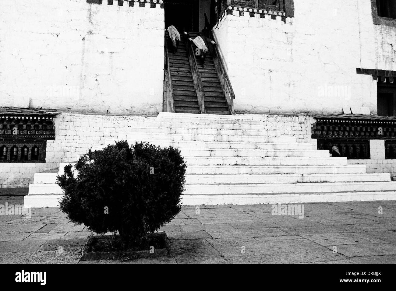 Monks climbing stairs in Buddhist Monastery, Thimphu, Bhutan, 1989 ...