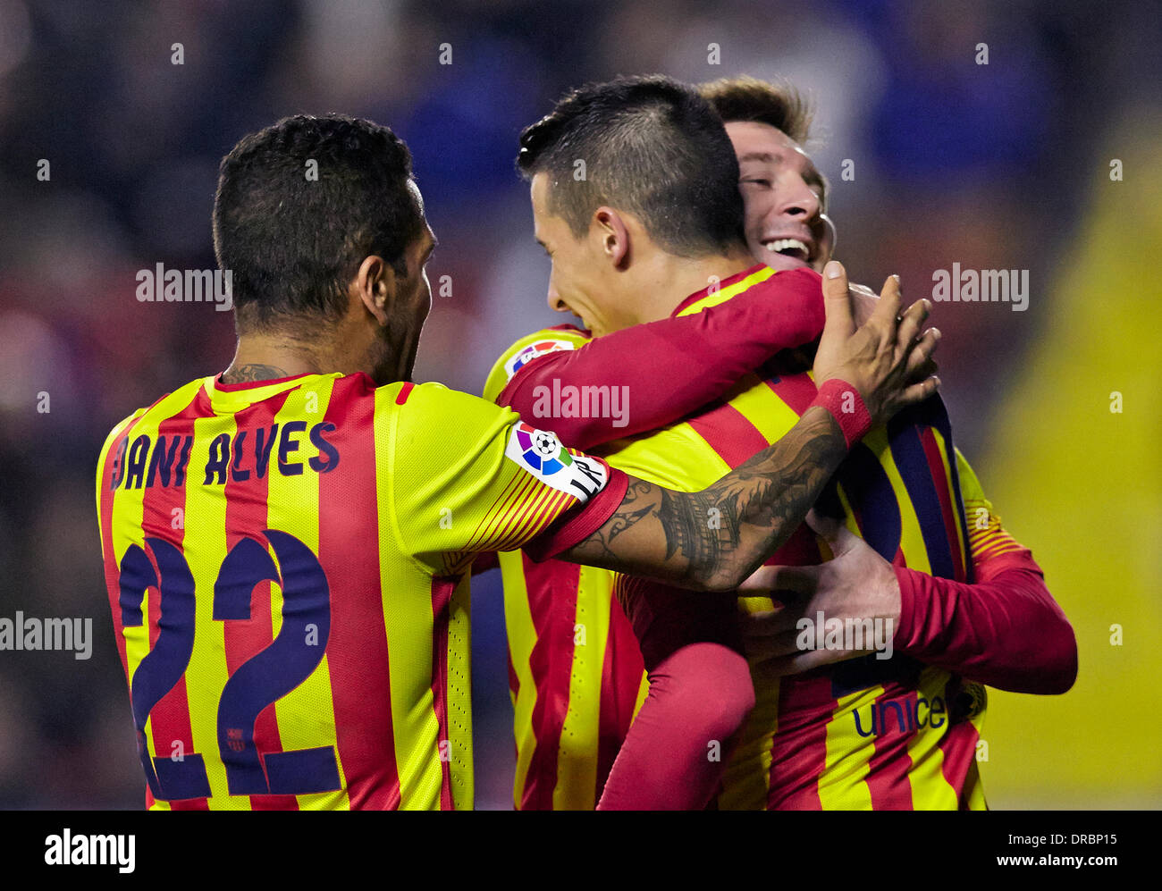 Valencia, Spain. 22nd Jan, 2014. Tello of FC Barcelona (C) celebrates ...