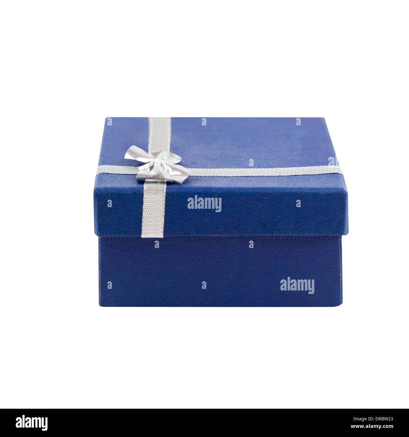 Blue cardboard gift box with silver ribbon isolated in a white ...