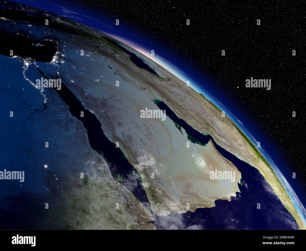 Early morning on Arabian peninsula viewed from space. Highly detailed ...