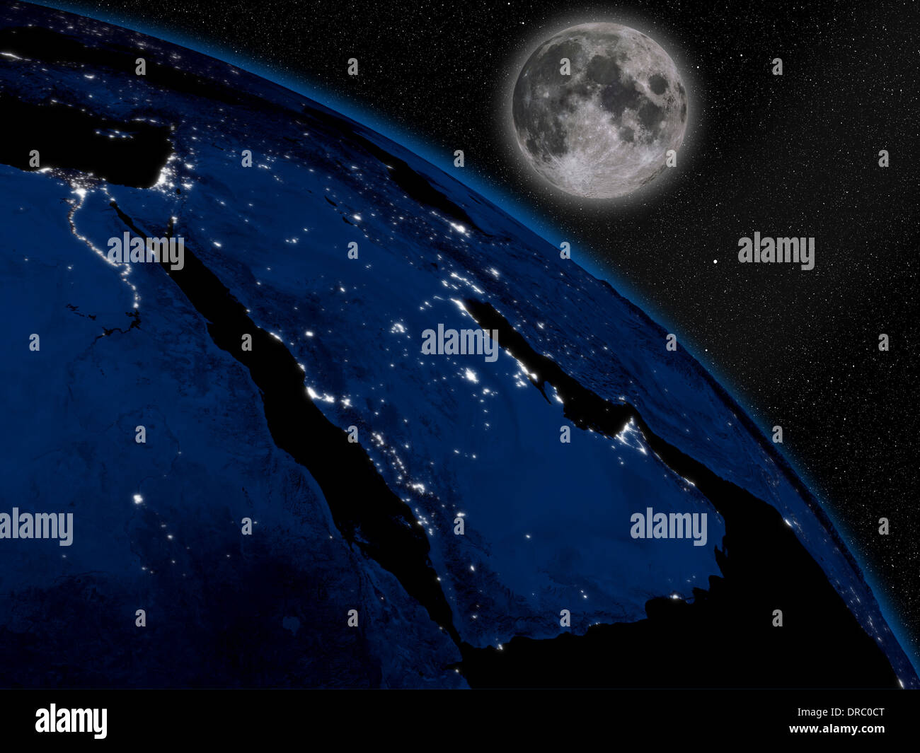 Arabian peninsula at night on planet Earth viewed from space. Highly ...