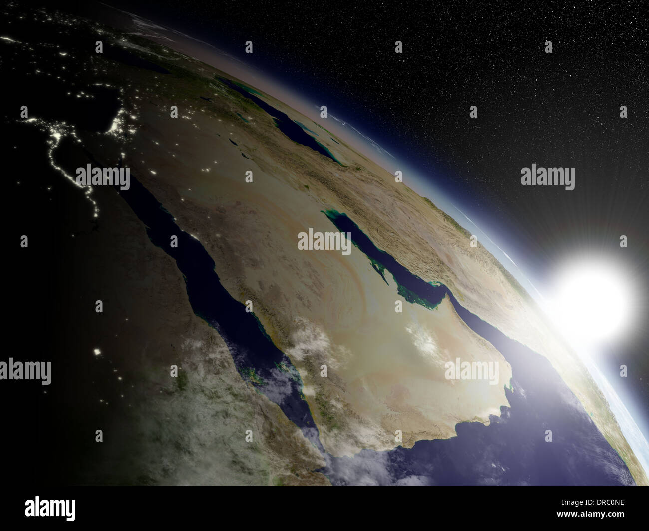 Sunrise over Arabian peninsula viewed from space. Highly detailed ...