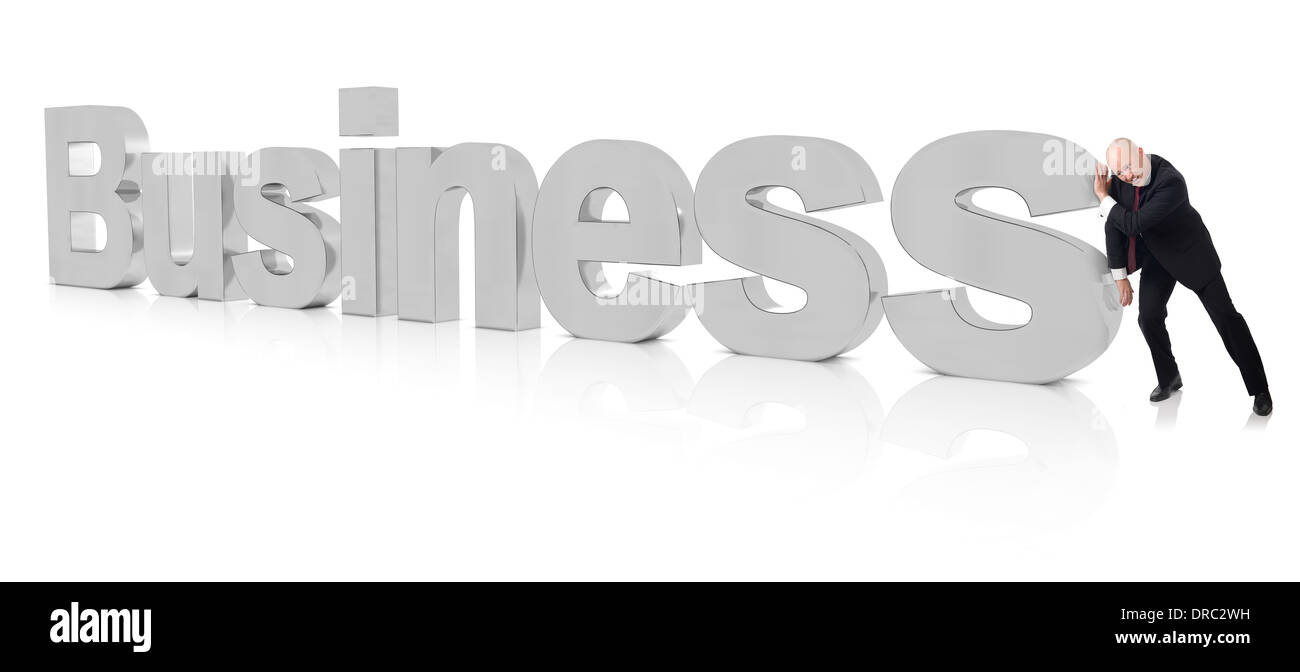 businessman pushing along business text isolated on a white background ...