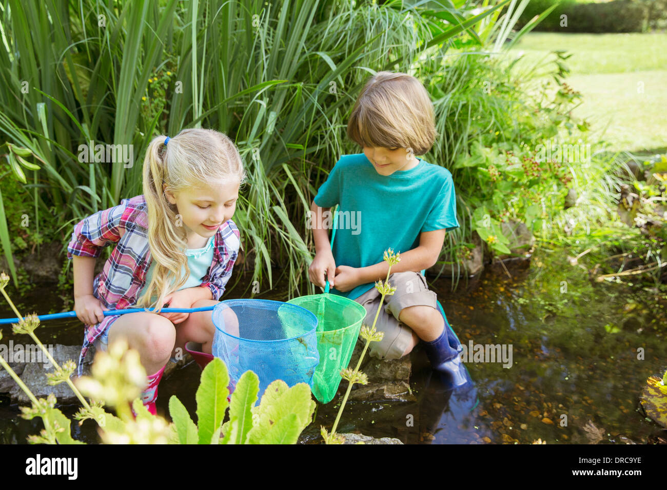 Children fishing together in pond Stock Photo - Alamy